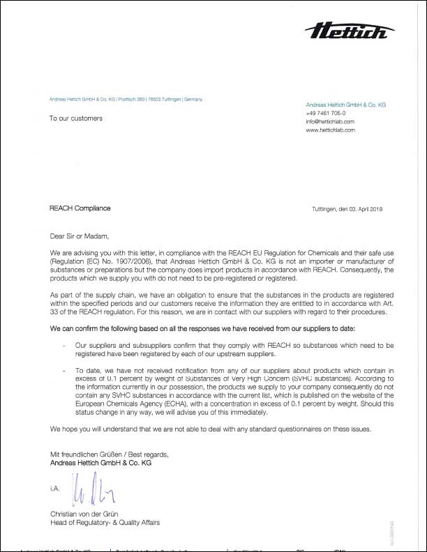Statement on REACH Compliance | Hettich