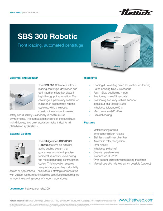SBS 300 Robotic | Data Sheet | Hettich North America